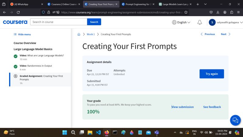 Completing Prompt Engineering course on Coursera | golagana satyavathi ... Completing Prompt Engineering course on Coursera | golagana satyavathi ...