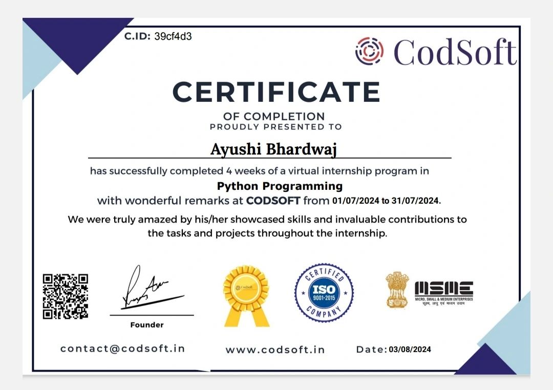 Ayushi Bhardwaj on LinkedIn: #python #internship #codsoft Ayushi Bhardwaj on LinkedIn: #python #internship #codsoft