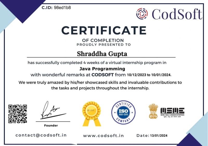 Shraddha Gupta on LinkedIn: #codsoft #cip #internship #javaprogramming ... Shraddha Gupta on LinkedIn: #codsoft #cip #internship #javaprogramming ...