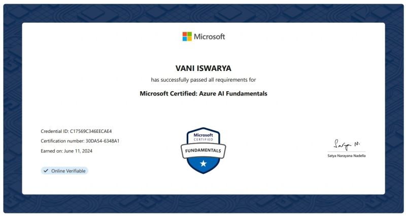Vani Aishwarya on LinkedIn: #microsoft #aiml #certification Vani Aishwarya on LinkedIn: #microsoft #aiml #certification
