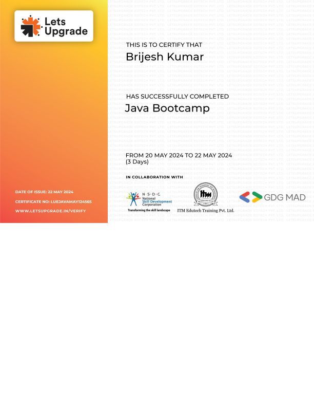 Brijesh Kumar on LinkedIn: Successful complete Java bootcamp.. Brijesh Kumar on LinkedIn: Successful complete Java bootcamp..
