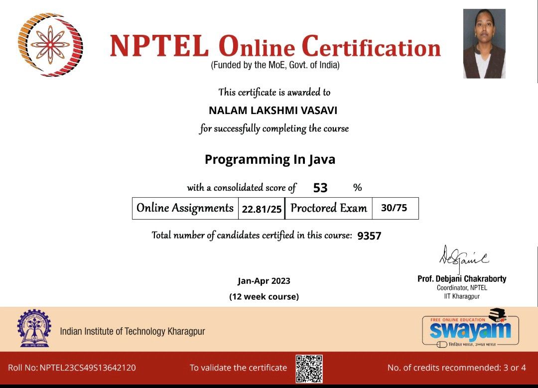 Lakshmi vasavi Nalam on LinkedIn: I have earned Nptel certificate Nptel ... Lakshmi vasavi Nalam on LinkedIn: I have earned Nptel certificate Nptel ...