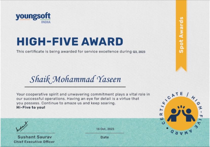 MOHAMMAD YASEEN SHAIK on LinkedIn: #highfiveaward #quarter3success MOHAMMAD YASEEN SHAIK on LinkedIn: #highfiveaward #quarter3success
