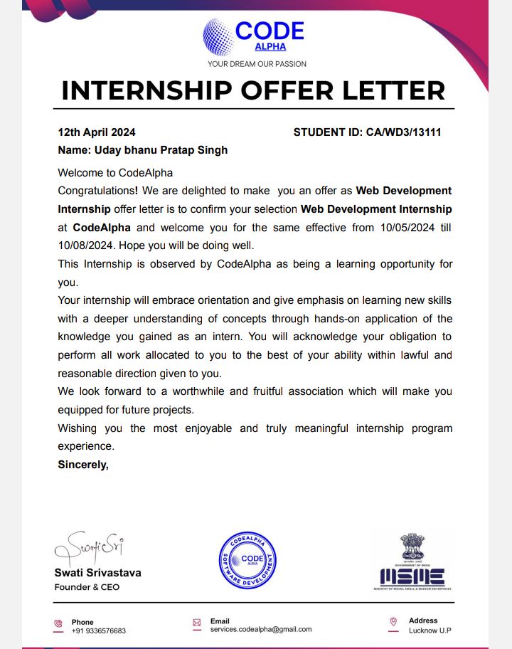 Uday bhanu Pratap Singh on LinkedIn: internship offer letter from code ... Uday bhanu Pratap Singh on LinkedIn: internship offer letter from code ...