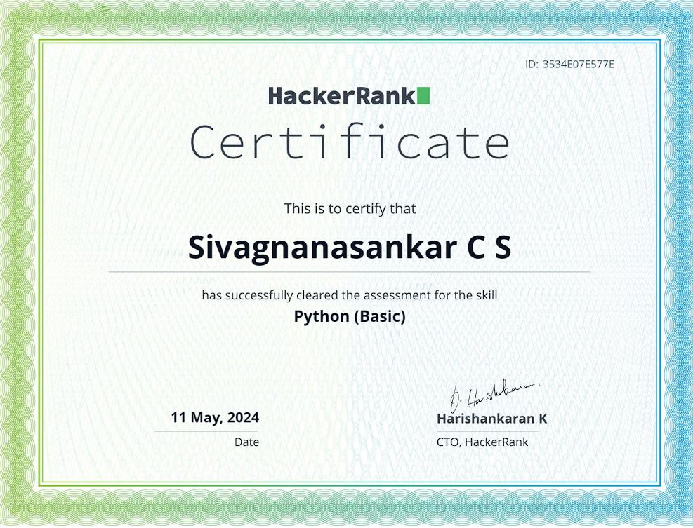 Earned HackerRank Python (Basics) certification! | Sivagnanasankar C S ... Earned HackerRank Python (Basics) certification! | Sivagnanasankar C S ...