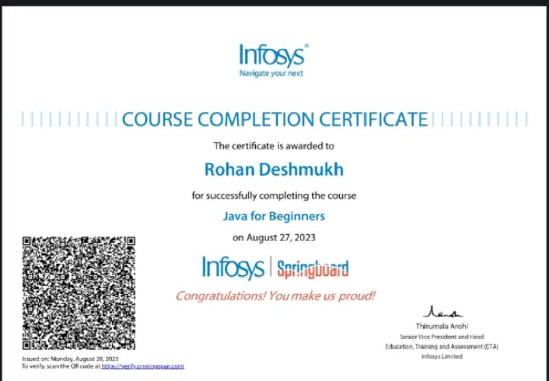 Rohan Deshmukh on LinkedIn: #infosysspringboard #java #javaprogramming ... Rohan Deshmukh on LinkedIn: #infosysspringboard #java #javaprogramming ...