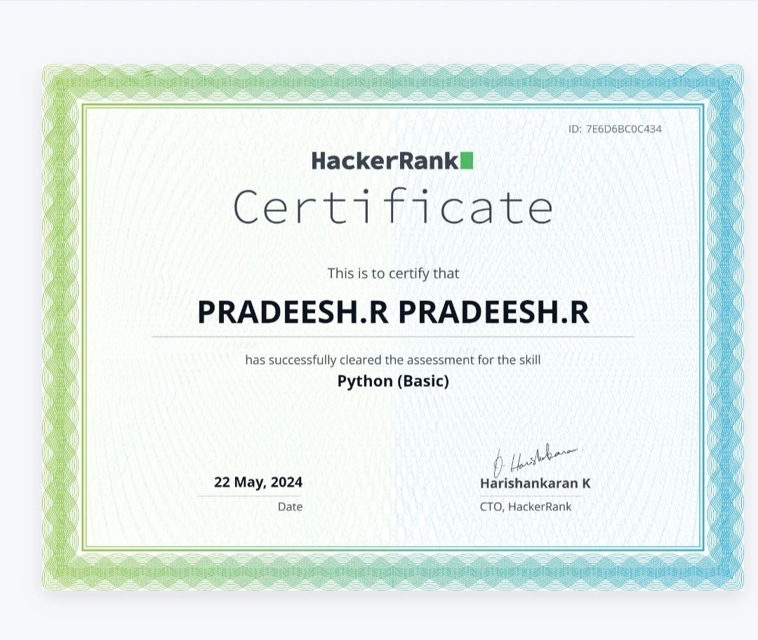 Pradeesh R on LinkedIn: 🚀I Have Completed the python basic in HackerRank. Pradeesh R on LinkedIn: 🚀I Have Completed the python basic in HackerRank.