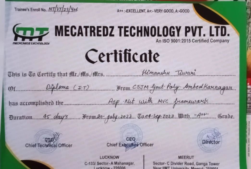 Himanshu Tiwari on LinkedIn: MT Company Certificate ASP. NET with MVC ... Himanshu Tiwari on LinkedIn: MT Company Certificate ASP. NET with MVC ...