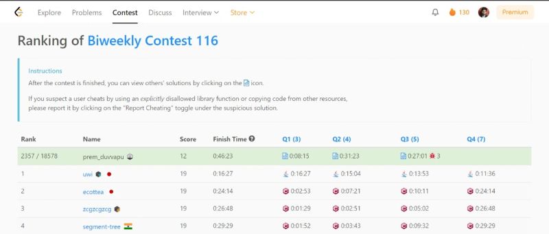 Ranked 2357 in LeetCode Biweekly Contest 116 | Prem Duvvapu posted on ... Ranked 2357 in LeetCode Biweekly Contest 116 | Prem Duvvapu posted on ...