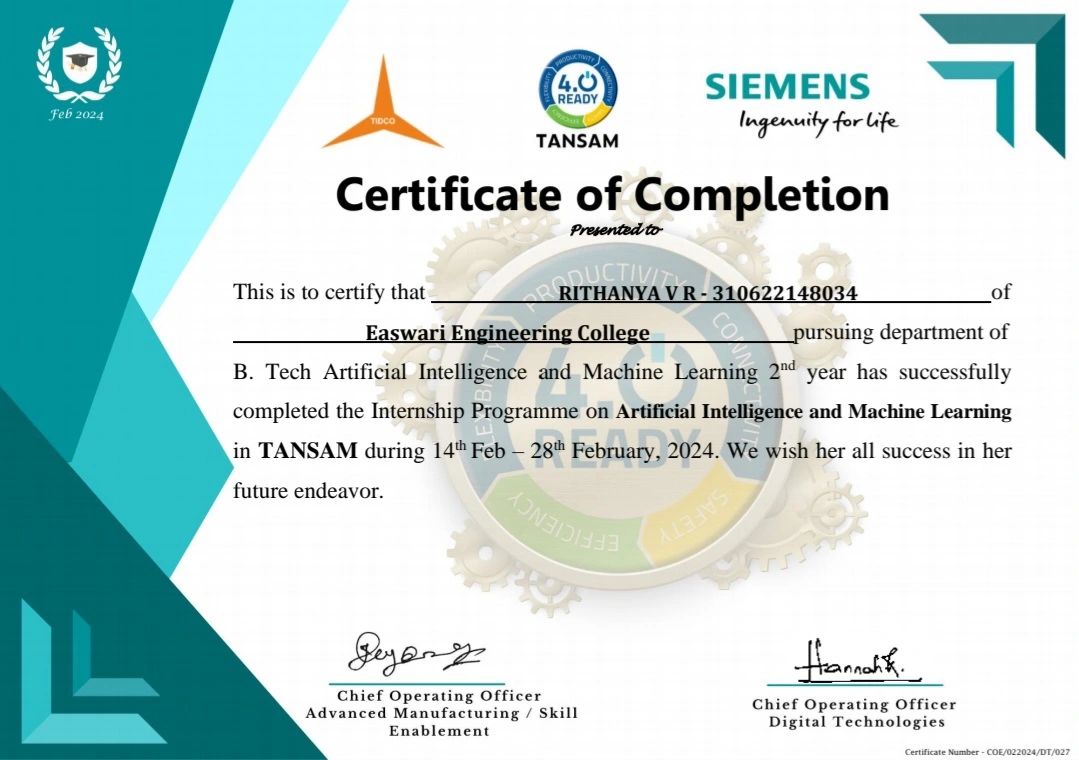 Rithanya V R on LinkedIn: #internship #ai #machinelearning #tansam # ... Rithanya V R on LinkedIn: #internship #ai #machinelearning #tansam # ...