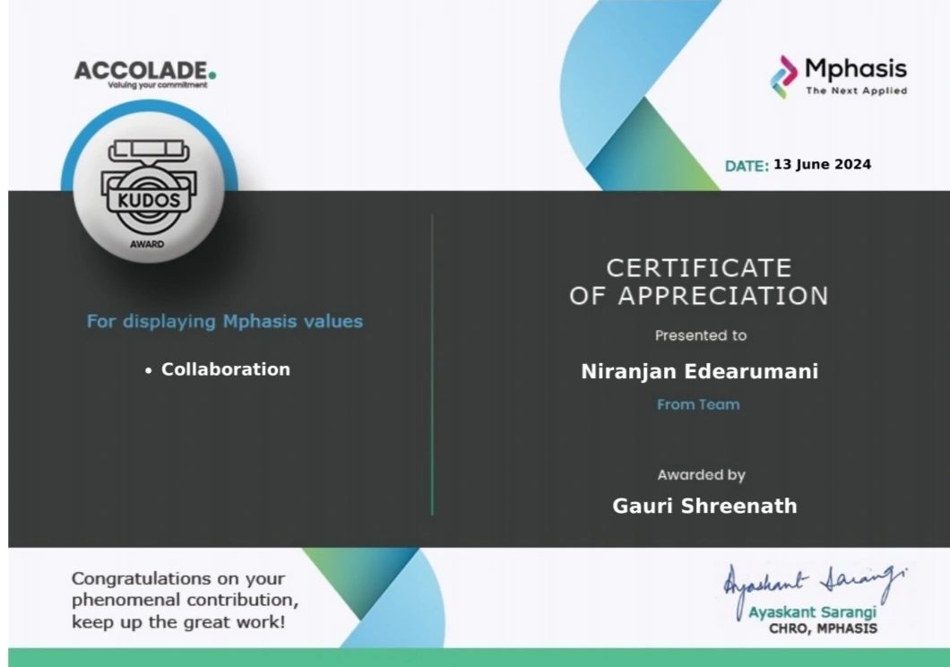 NIRANJAN EDEARUMANI on LinkedIn: #kudos #mphasis #appreciation #award NIRANJAN EDEARUMANI on LinkedIn: #kudos #mphasis #appreciation #award