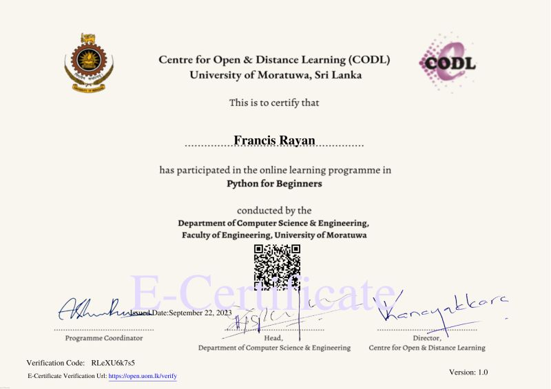 Completed Python for Beginners course at Moratuwa | Francis Rayan ... Completed Python for Beginners course at Moratuwa | Francis Rayan ...