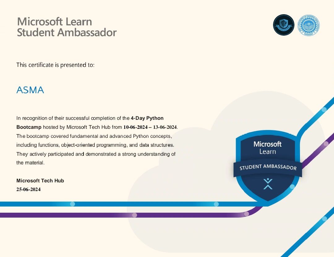 Asma Atiq on LinkedIn: #python #bootcamp #microsofttechhub # ... Asma Atiq on LinkedIn: #python #bootcamp #microsofttechhub # ...