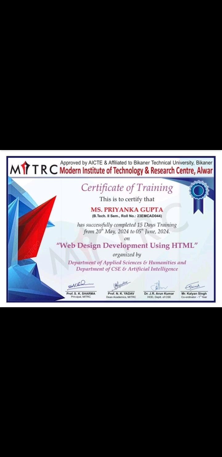 Priyanka Gupta 1st on LinkedIn: HTML Training Certificate😊 Priyanka Gupta 1st on LinkedIn: HTML Training Certificate😊