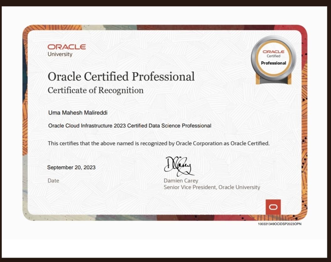 Uma Mahesh Malireddi on LinkedIn: #oraclecertification #datascience # ... Uma Mahesh Malireddi on LinkedIn: #oraclecertification #datascience # ...