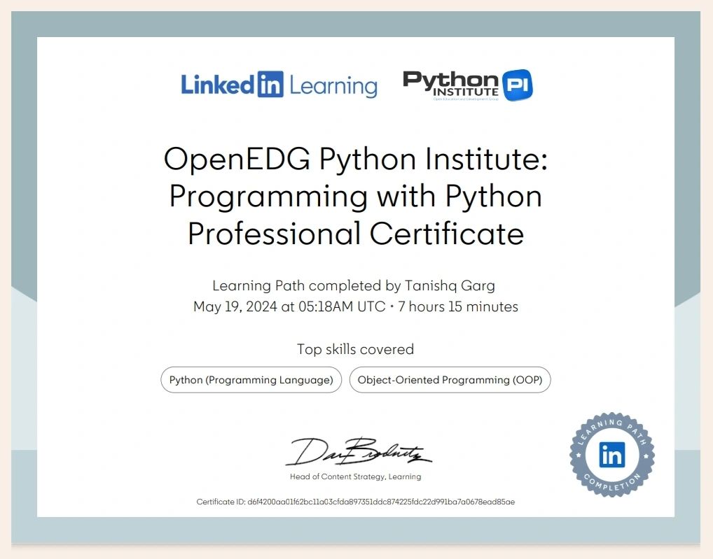Tanishq Garg on LinkedIn: Just finished OpenEDG Python Institute ... Tanishq Garg on LinkedIn: Just finished OpenEDG Python Institute ...