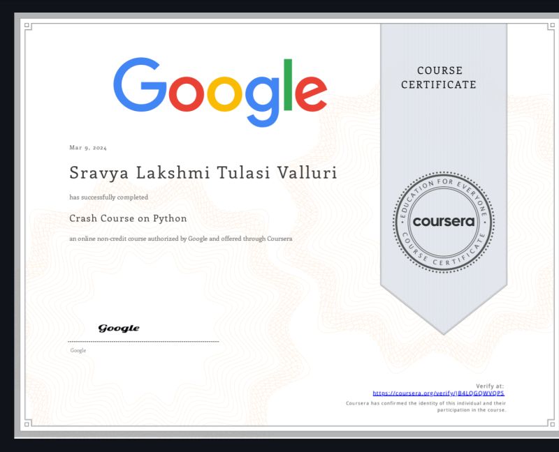 Sravya Valluri on LinkedIn: Successfully completed a PYTHON crash ... Sravya Valluri on LinkedIn: Successfully completed a PYTHON crash ...