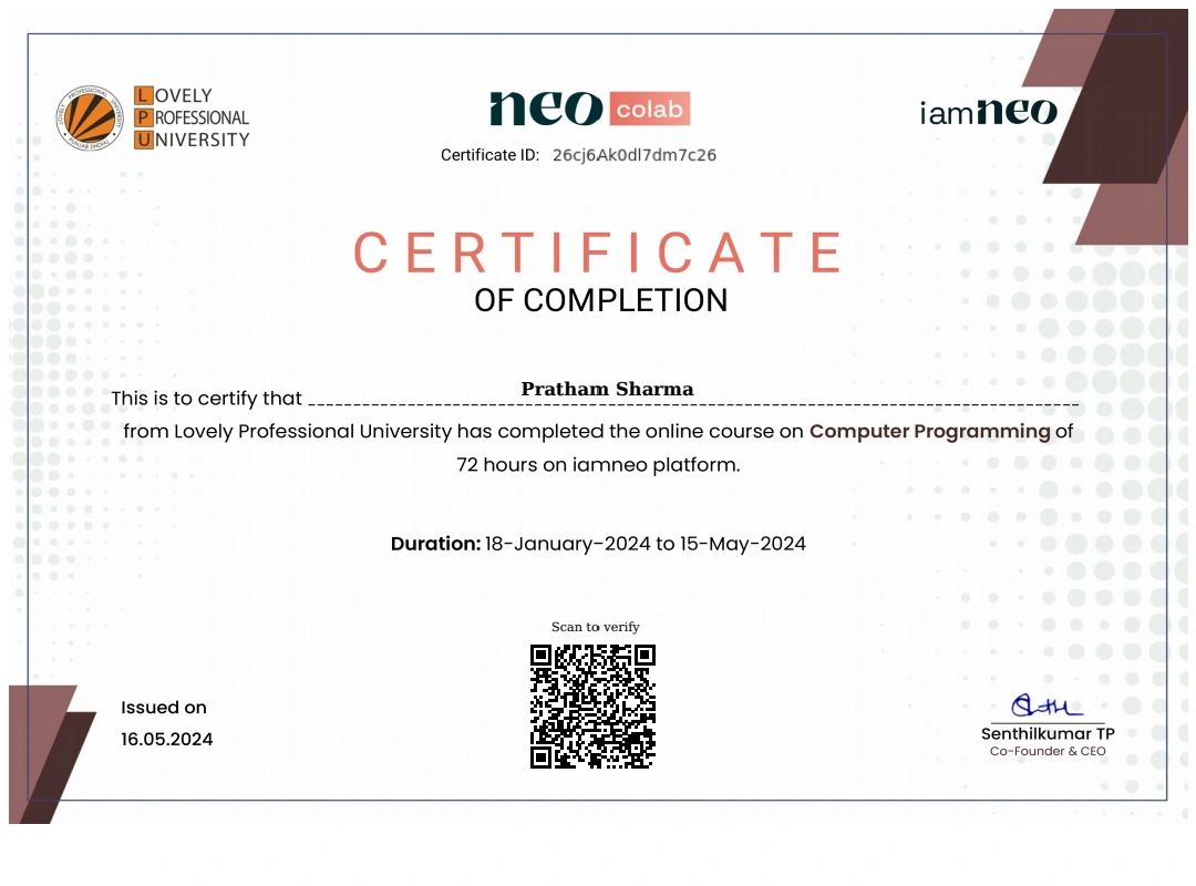 Completed C Programming Certificate for Question Solving | Pratham ... Completed C Programming Certificate for Question Solving | Pratham ...