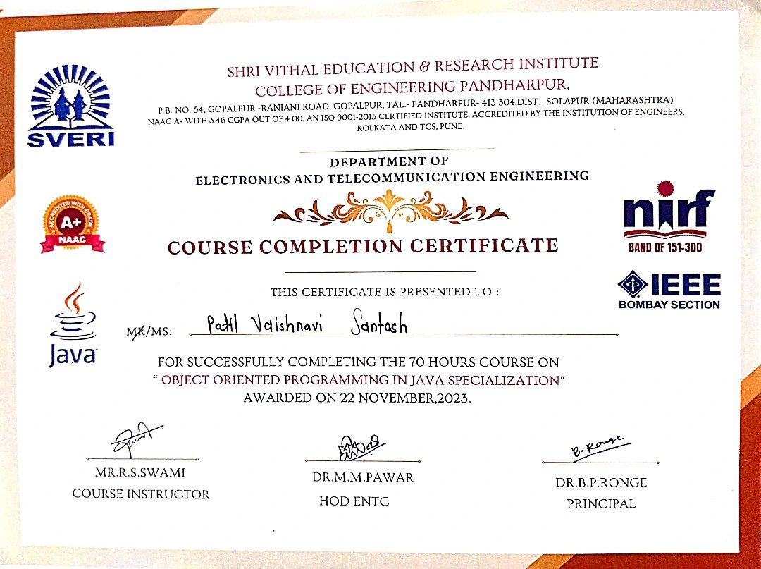 Vaishnavi Patil on LinkedIn: #javaprogramming #coursecompletion # ... Vaishnavi Patil on LinkedIn: #javaprogramming #coursecompletion # ...