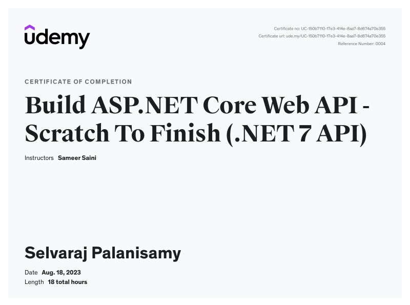 Selvaraj Palanisamy on LinkedIn: Completed the .NET CORE 7.O Udemy ... Selvaraj Palanisamy on LinkedIn: Completed the .NET CORE 7.O Udemy ...