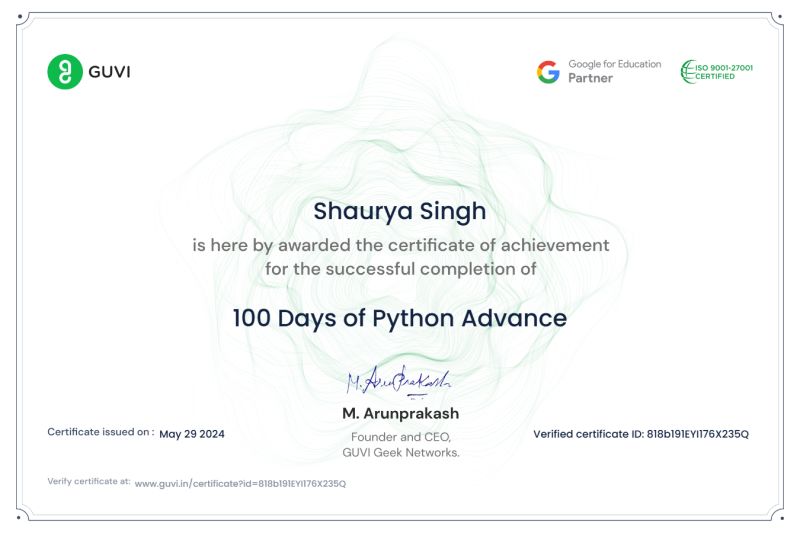 Shaurya Singh on LinkedIn: I HAVE SUCCESSFULLY COMPLETED MY PYTHON 100 ... Shaurya Singh on LinkedIn: I HAVE SUCCESSFULLY COMPLETED MY PYTHON 100 ...