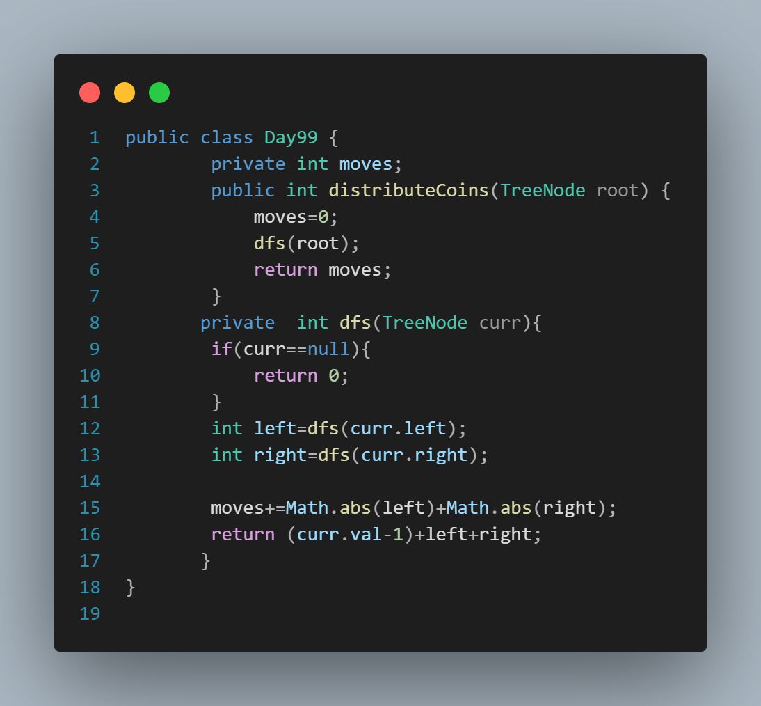 Day 99 of 100 Day DSA Challenge: Distribute coins in binary tree ... Day 99 of 100 Day DSA Challenge: Distribute coins in binary tree ...