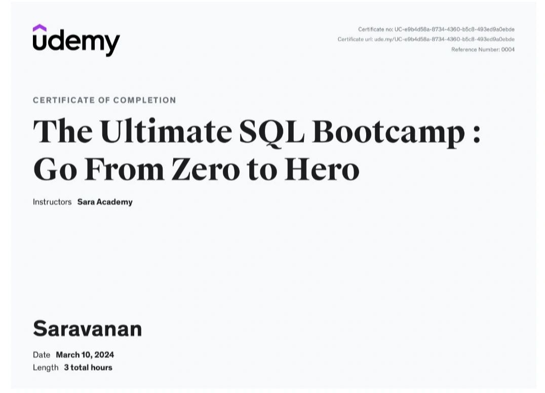 Saravanan R on LinkedIn: #sql #udemy #coursecompletion Saravanan R on LinkedIn: #sql #udemy #coursecompletion
