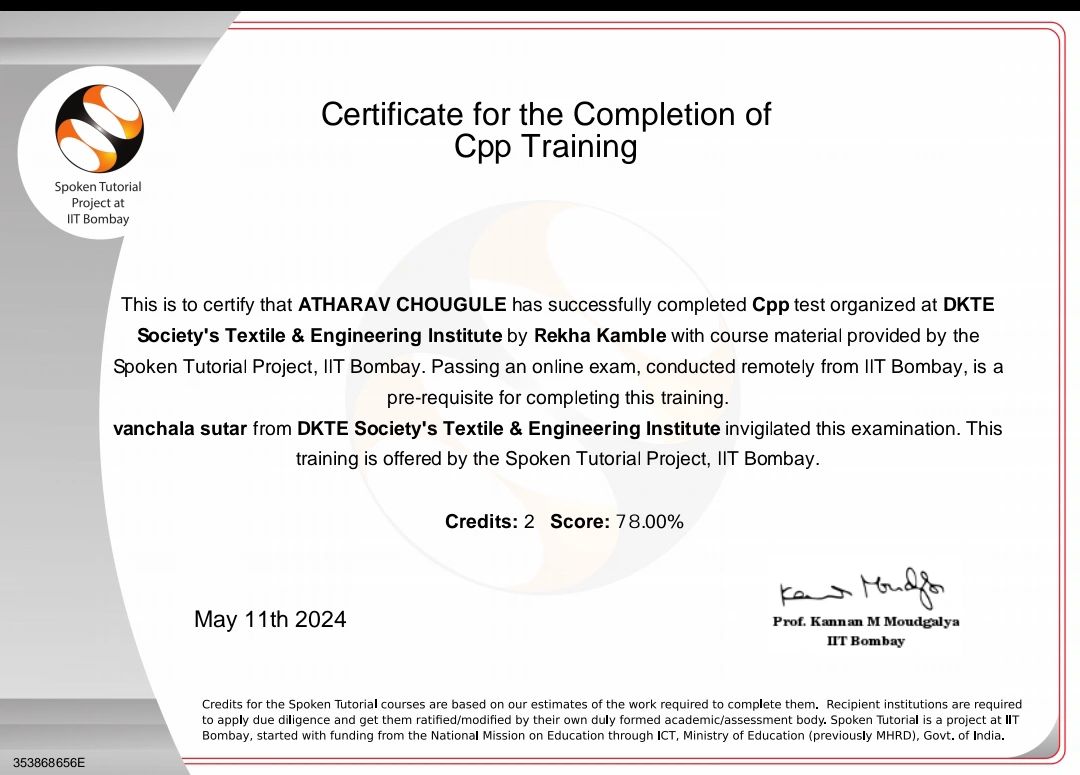 Atharv Chougule on LinkedIn: Completed the C++ training with a ... Atharv Chougule on LinkedIn: Completed the C++ training with a ...