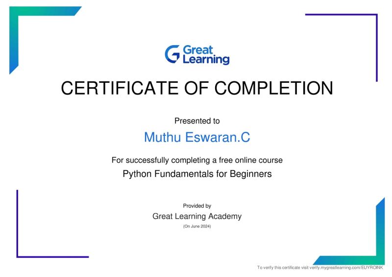 Completed Python Fundamentals by Great Learning | Muthu Eswar.C posted ... Completed Python Fundamentals by Great Learning | Muthu Eswar.C posted ...