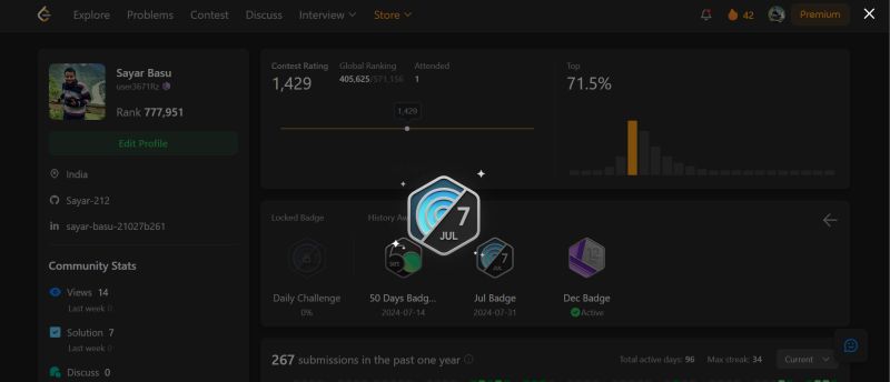 Sayar Basu on LinkedIn: Recently concluded my JULY STREAK in LeetCode. š Sayar Basu on LinkedIn: Recently concluded my JULY STREAK in LeetCode. š