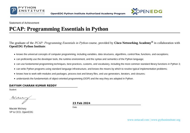 Completed Python course by OpenEDG Python Institute | Charan Kumar ... Completed Python course by OpenEDG Python Institute | Charan Kumar ...
