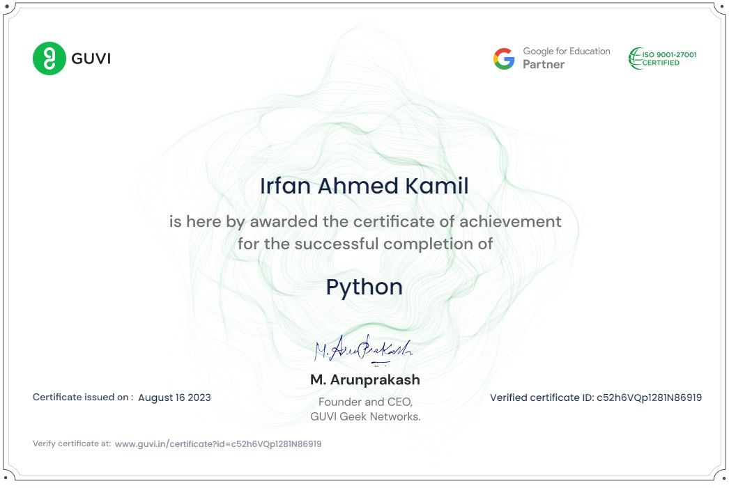 Irfan Ahmed kamil on LinkedIn: Certified in Python organised by Guvi Irfan Ahmed kamil on LinkedIn: Certified in Python organised by Guvi