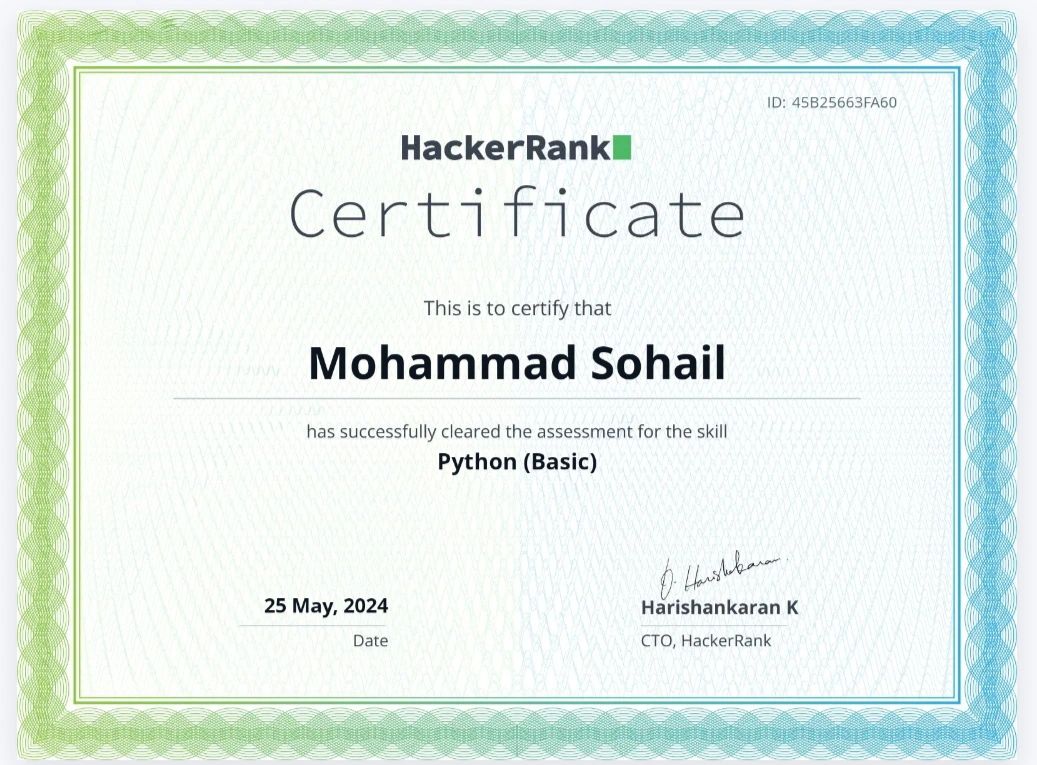 Earned Python programming certificate on HackerRank | Mohammad Sohail ... Earned Python programming certificate on HackerRank | Mohammad Sohail ...