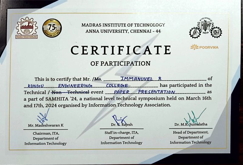 Immanuvel R on LinkedIn: #samhita24 #paperpresentation # ... Immanuvel R on LinkedIn: #samhita24 #paperpresentation # ...
