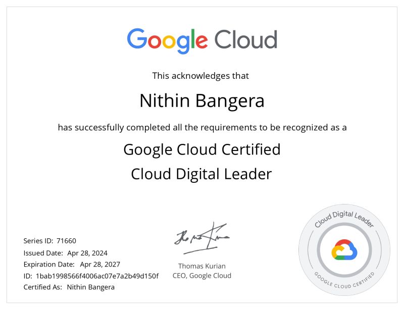 Nithin S Bangera on LinkedIn: #googlecloudcertified #clouddigitalleader ... Nithin S Bangera on LinkedIn: #googlecloudcertified #clouddigitalleader ...