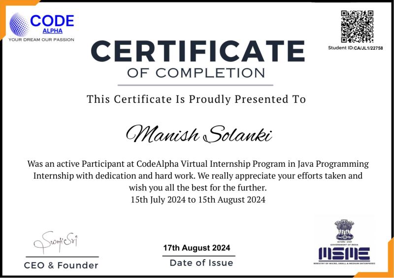 Manish Solanki on LinkedIn: #java #programming #internship #codealpha # ... Manish Solanki on LinkedIn: #java #programming #internship #codealpha # ...