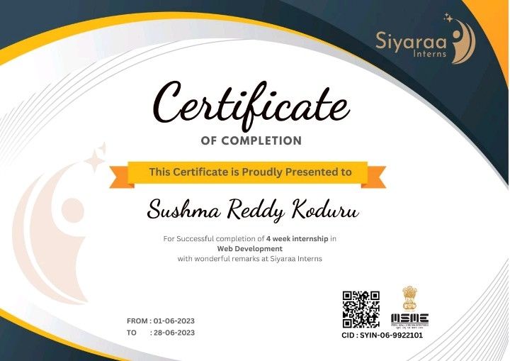 KODURU SUSHMA REDDY on LinkedIn: #siyaraa #intern #internship # ... KODURU SUSHMA REDDY on LinkedIn: #siyaraa #intern #internship # ...
