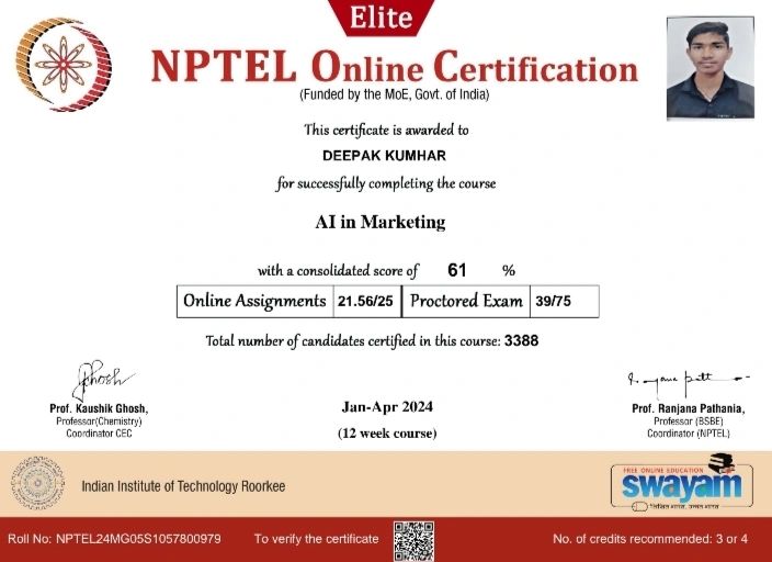 Deepak Kumhar on LinkedIn: #ai #marketing #nptel #certification #technology Deepak Kumhar on LinkedIn: #ai #marketing #nptel #certification #technology
