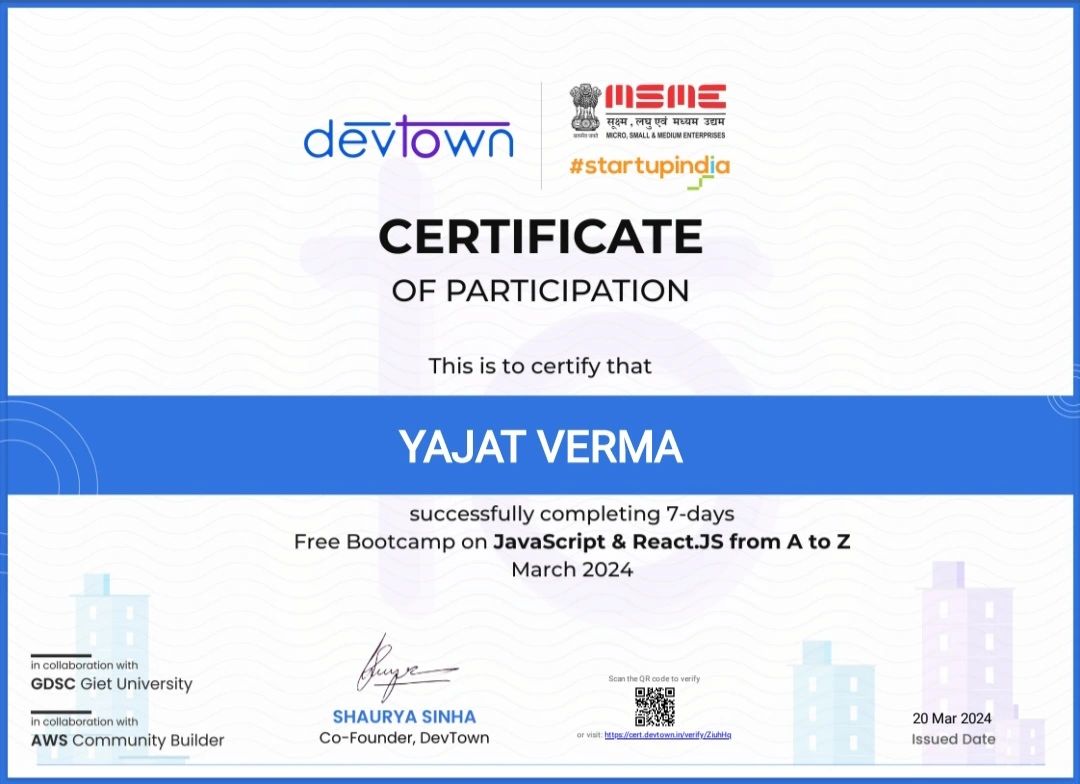 Yajat Verma on LinkedIn: #javacript #reactjs #devtown #certified Yajat Verma on LinkedIn: #javacript #reactjs #devtown #certified