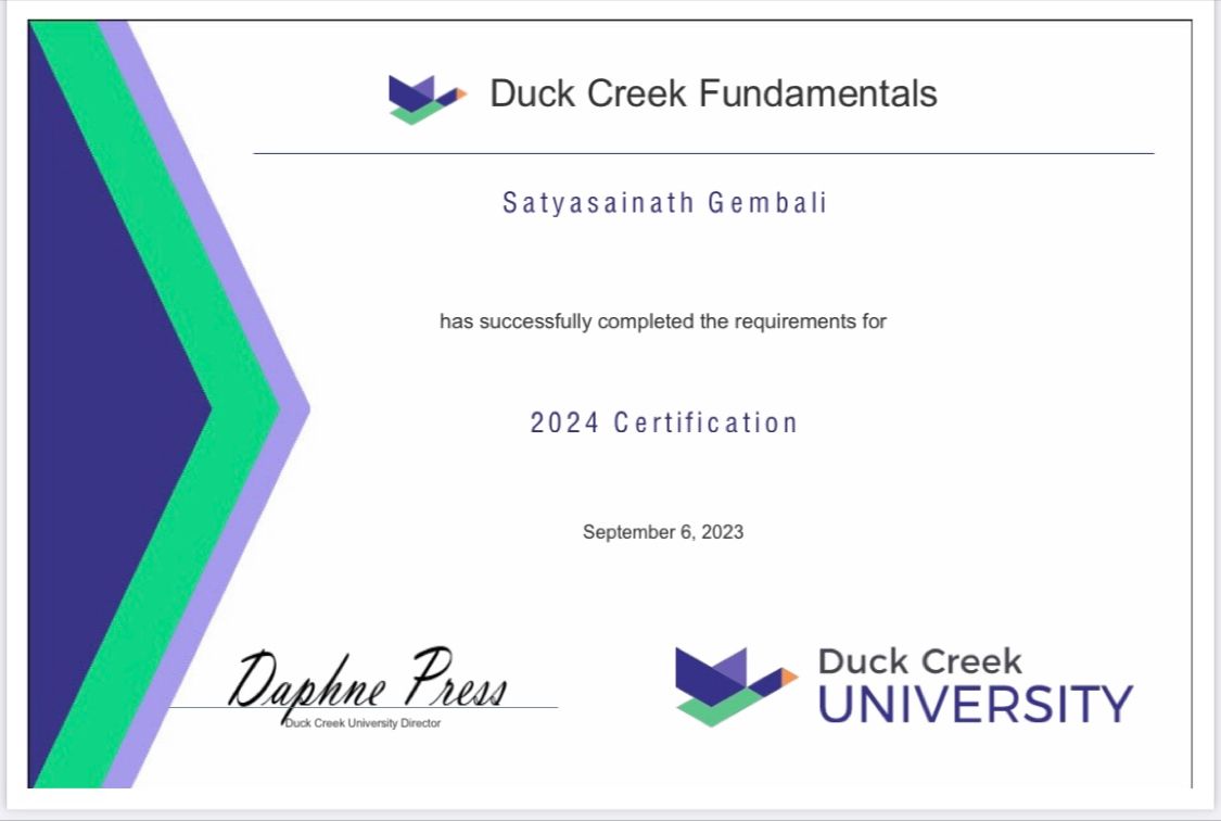Gembali Satyasainath on LinkedIn: #duckcreek #certificationachieved Gembali Satyasainath on LinkedIn: #duckcreek #certificationachieved