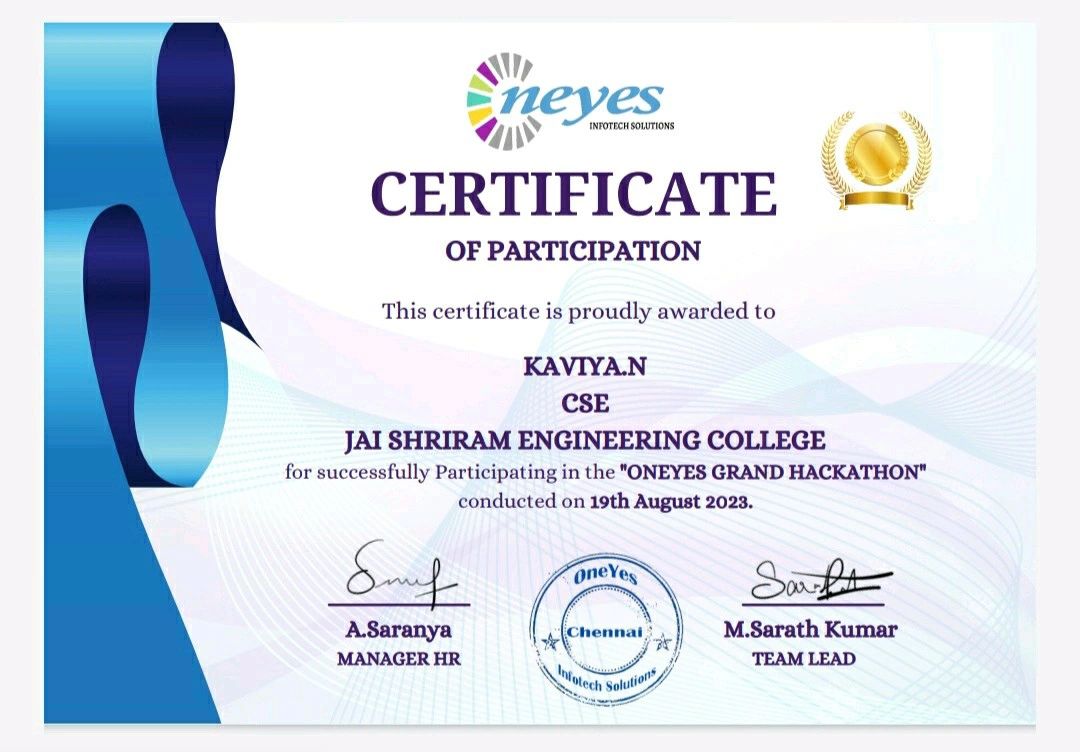 Kaviya Nagendran on LinkedIn: #hackthon #oneyes #jsrec Kaviya Nagendran on LinkedIn: #hackthon #oneyes #jsrec