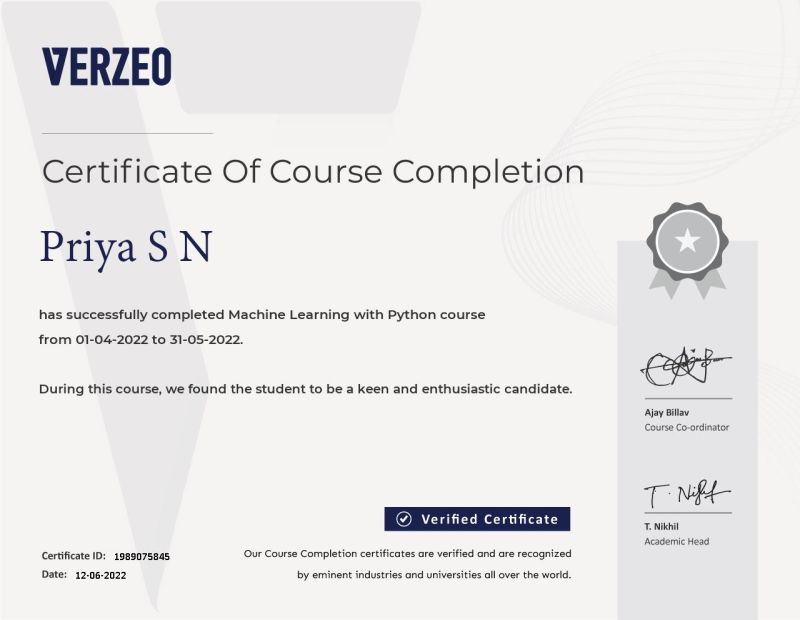 Priya S N on LinkedIn: #verzeo #pythonprogramming #machinelearning Priya S N on LinkedIn: #verzeo #pythonprogramming #machinelearning