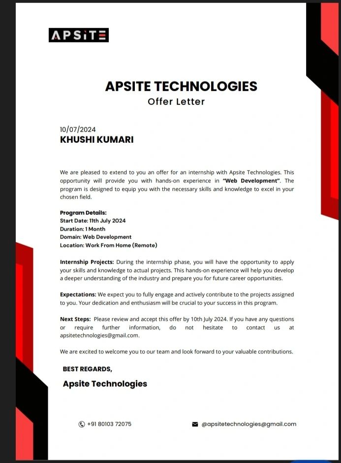 Khushi kumari on LinkedIn: #webdevelopment #internship #apsitetechnologies Khushi kumari on LinkedIn: #webdevelopment #internship #apsitetechnologies