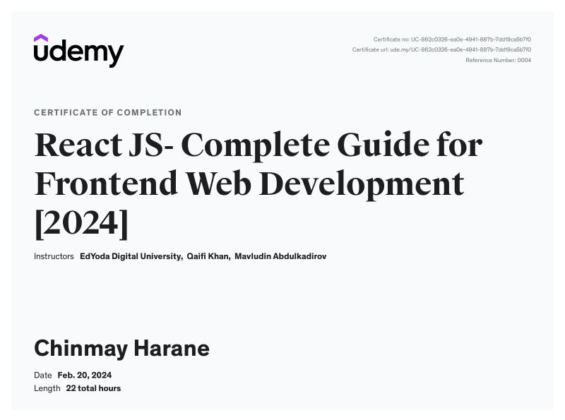 Completed React course on Udemy | Chinmay Harane posted on the topic ... Completed React course on Udemy | Chinmay Harane posted on the topic ...
