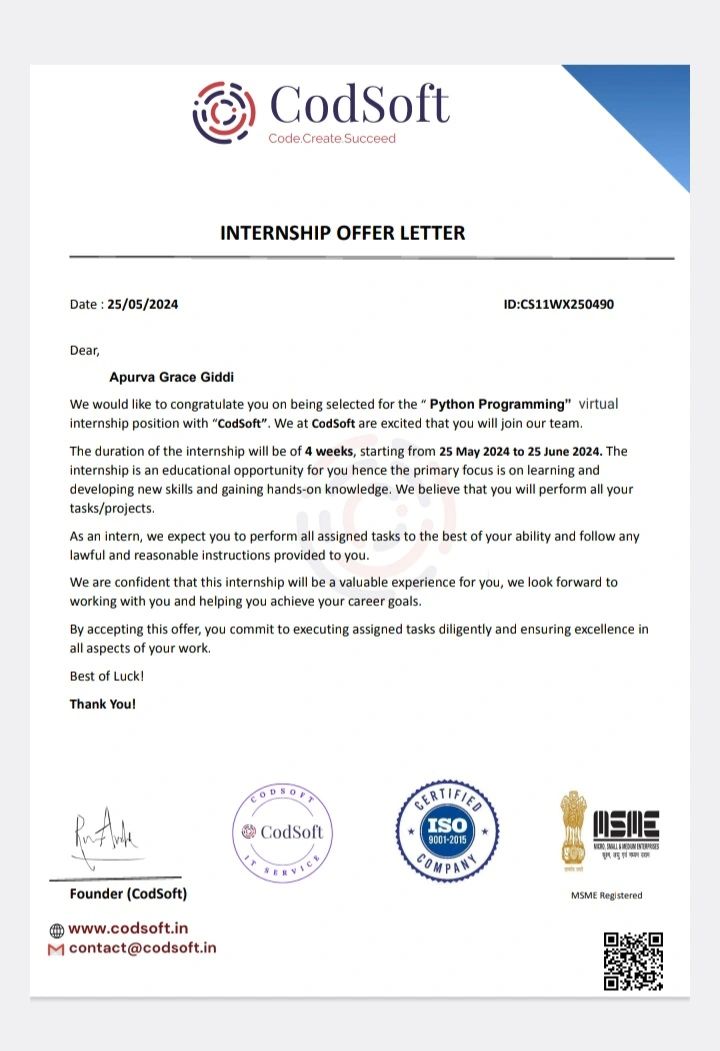 Apurva Grace Giddi on LinkedIn: #internship #pythonprogramming #codsoft ... Apurva Grace Giddi on LinkedIn: #internship #pythonprogramming #codsoft ...