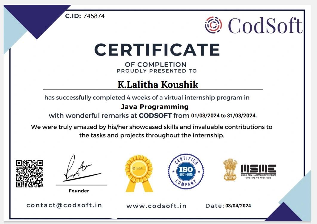 K. Lalitha Koushik on LinkedIn: #codsoft #javaprogramming # ... K. Lalitha Koushik on LinkedIn: #codsoft #javaprogramming # ...