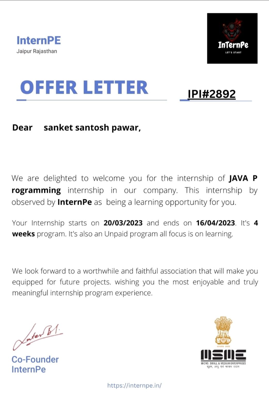 Sanket Pawar on LinkedIn: #java #programming #internpe #offerletter # ... Sanket Pawar on LinkedIn: #java #programming #internpe #offerletter # ...