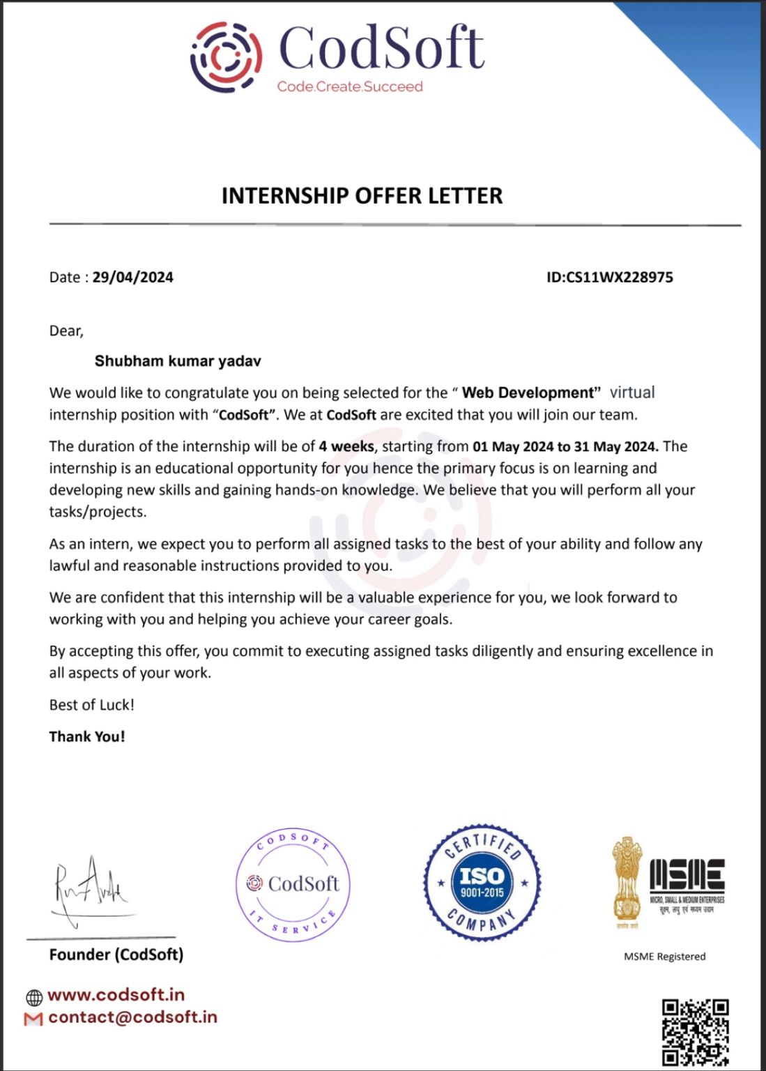 SHUBHAM KUMAR YADAV on LinkedIn: #webdevelopment #internship #codesoft SHUBHAM KUMAR YADAV on LinkedIn: #webdevelopment #internship #codesoft