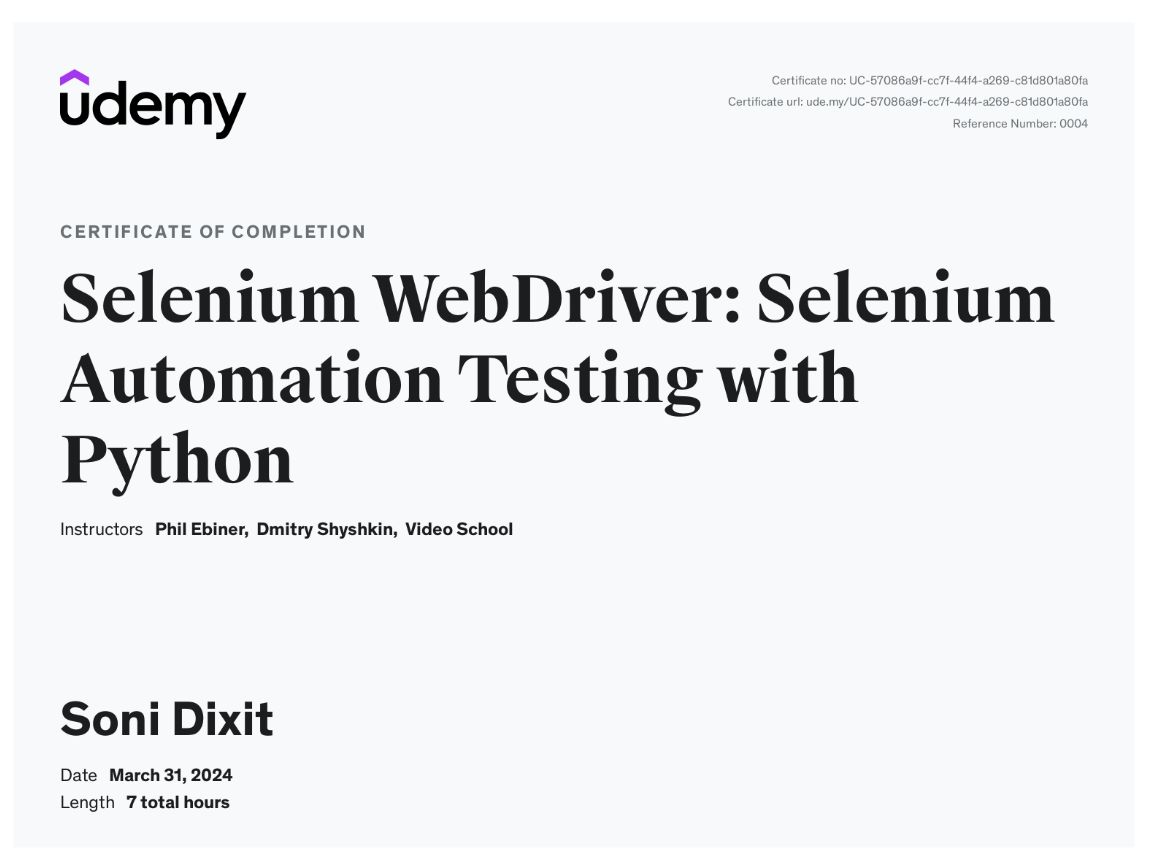 Soni Dixit on LinkedIn: #automation #selenium #python #certified Soni Dixit on LinkedIn: #automation #selenium #python #certified