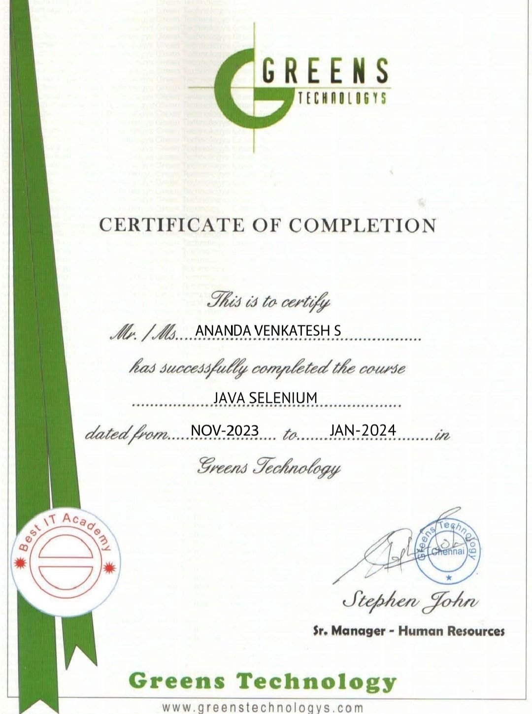 Venkatesh Ananda S on LinkedIn: Java Selenium Course Completion Certificate Venkatesh Ananda S on LinkedIn: Java Selenium Course Completion Certificate